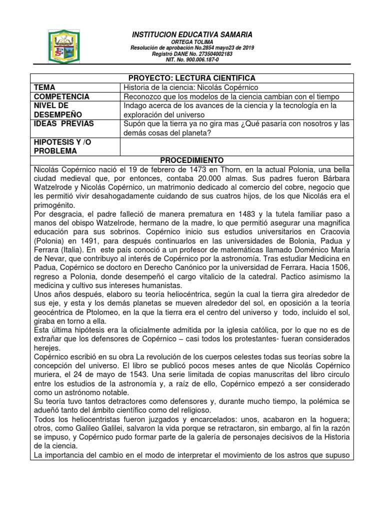 Lectura Cientifica Grado 7 | PDF | Nicolás Copérnico | Charles Darwin