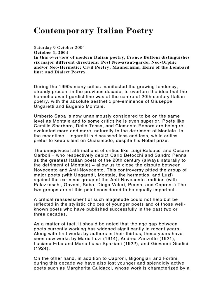 Contemporary Italian Poetry | PDF | Poetry | Italian Writers