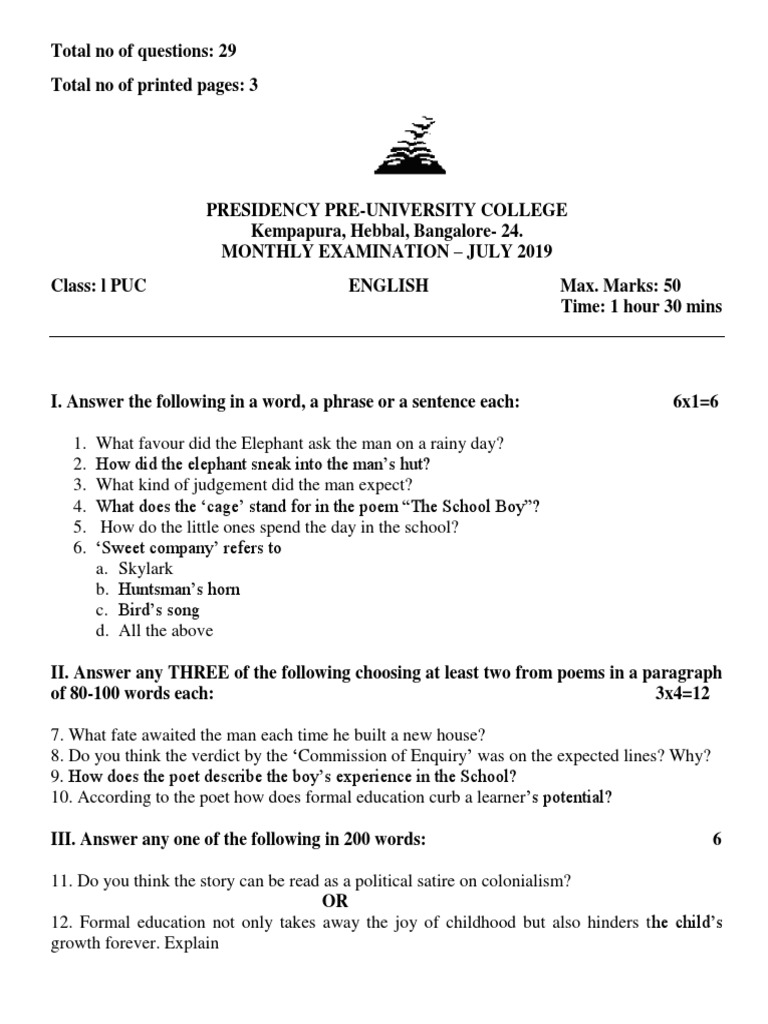 English Monthly Exam - Class 1 PUC | PDF | Language Arts & Discipline