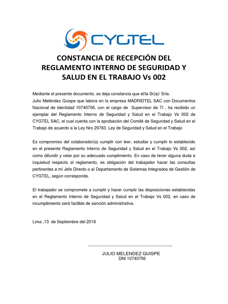 Constancia Entrega RISST Vs 002. Contratistas Julio | PDF