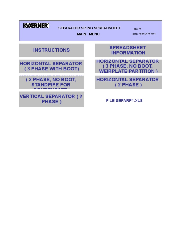 Separator Sizing Spreadsheet Main Menu: File Separp1 | PDF ...