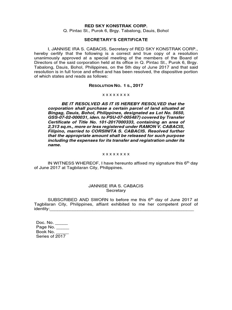 Secretary's Certificate for Land Purchase | PDF