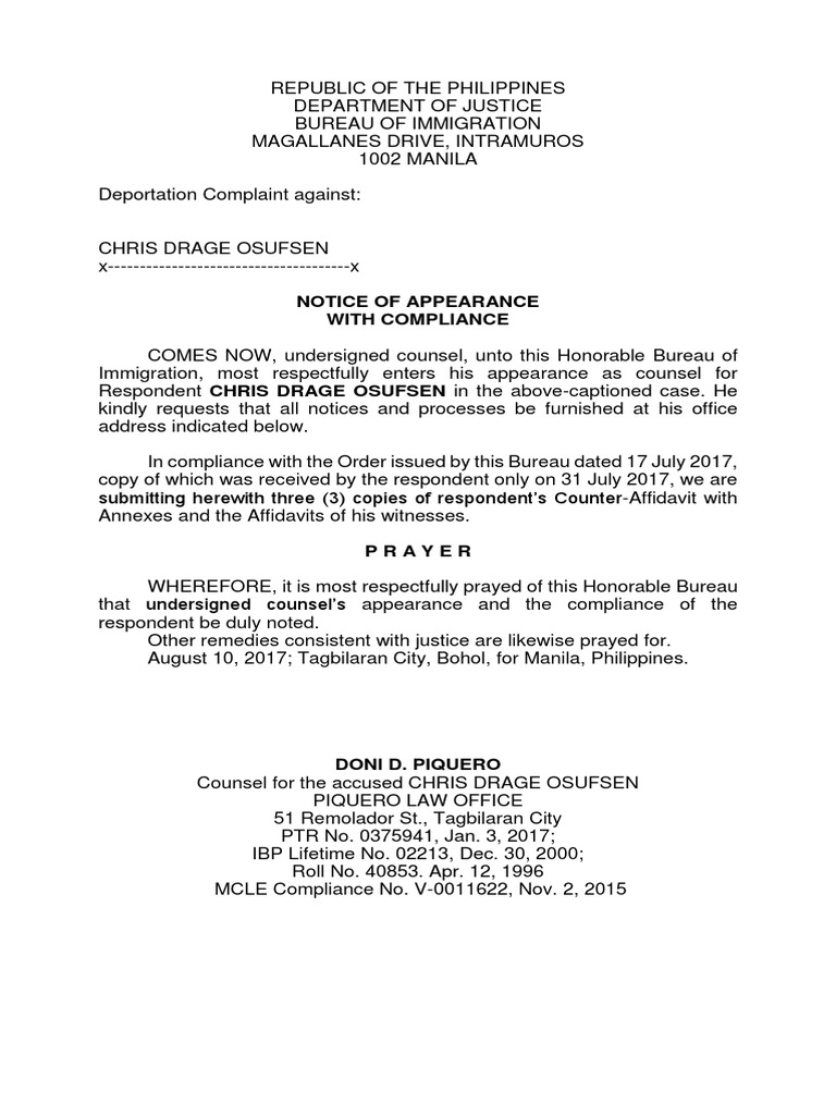 Notice of Appearance With Compliance (Osufsen) | PDF