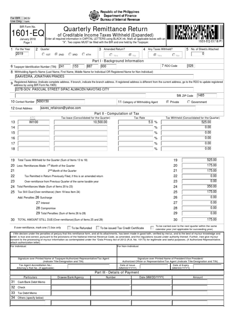 1601EQ 2nd Qtr. 2019 PDF | PDF | Withholding Tax | Taxation