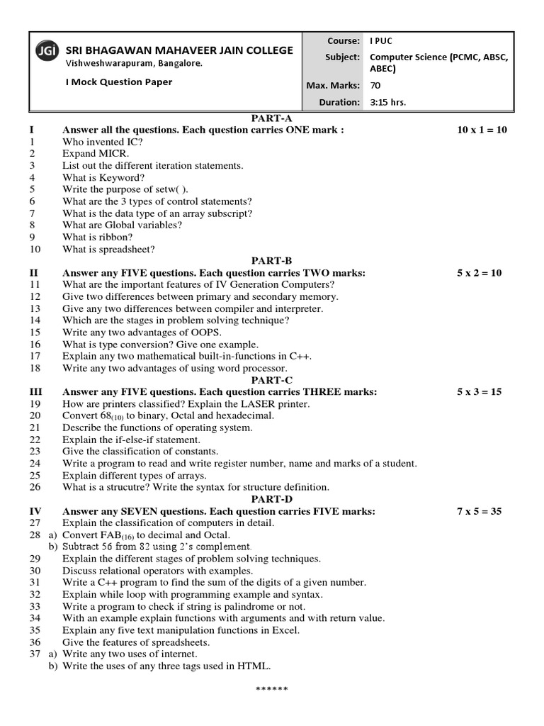 Karnataka 1st PUC Computer Science Model Question Paper 7 | PDF | Data ...