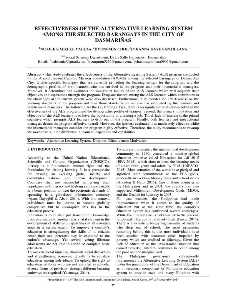 Effectiveness of The Alternative Learning System Among The Selected ...