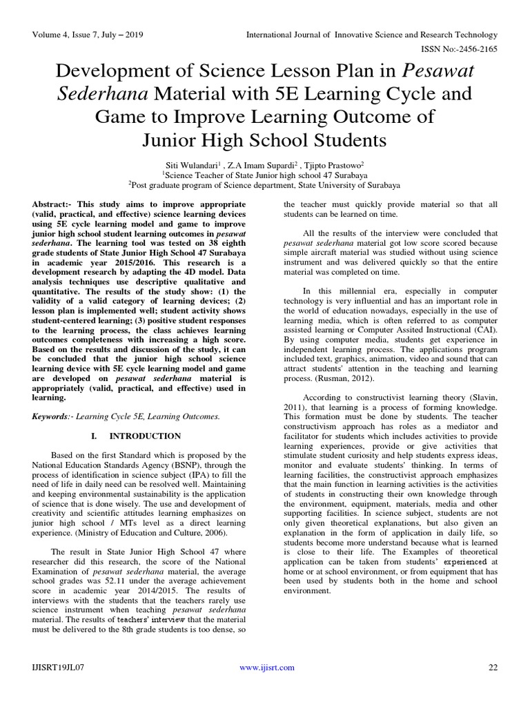 Development of Science Lesson Plan in Pesawat Sederhana Material With 5E Learning Cycle and Game ...