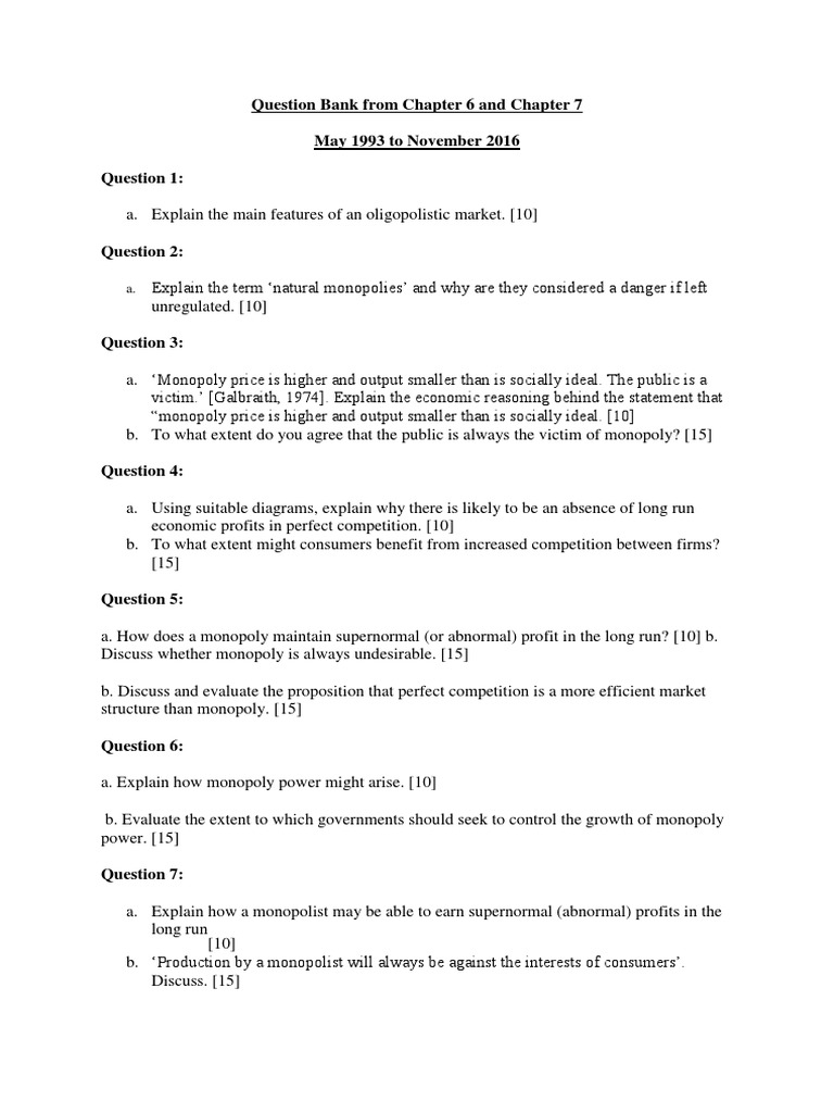 Eco Question Bank From Chapter 6 and Chapter 7 | PDF | Monopoly | Oligopoly