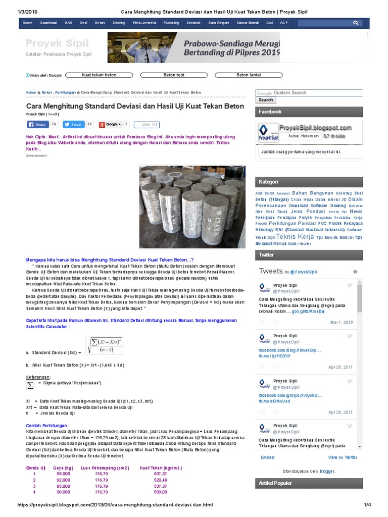 Cara Menghitung Standard Deviasi Dan Hasil Uji Kuat Tekan Beton - Proyek Sipil | PDF