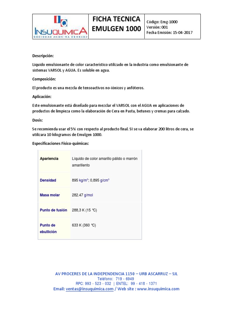 Emulgen 1000 Ficha Tecnica | PDF | Agua | Ciencias fisicas
