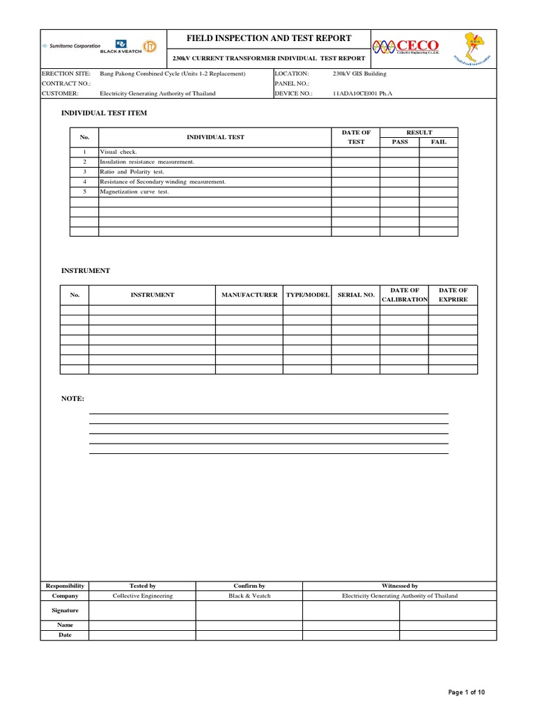 Field Inspection and Test Report | PDF | Transformer | Power (Physics)