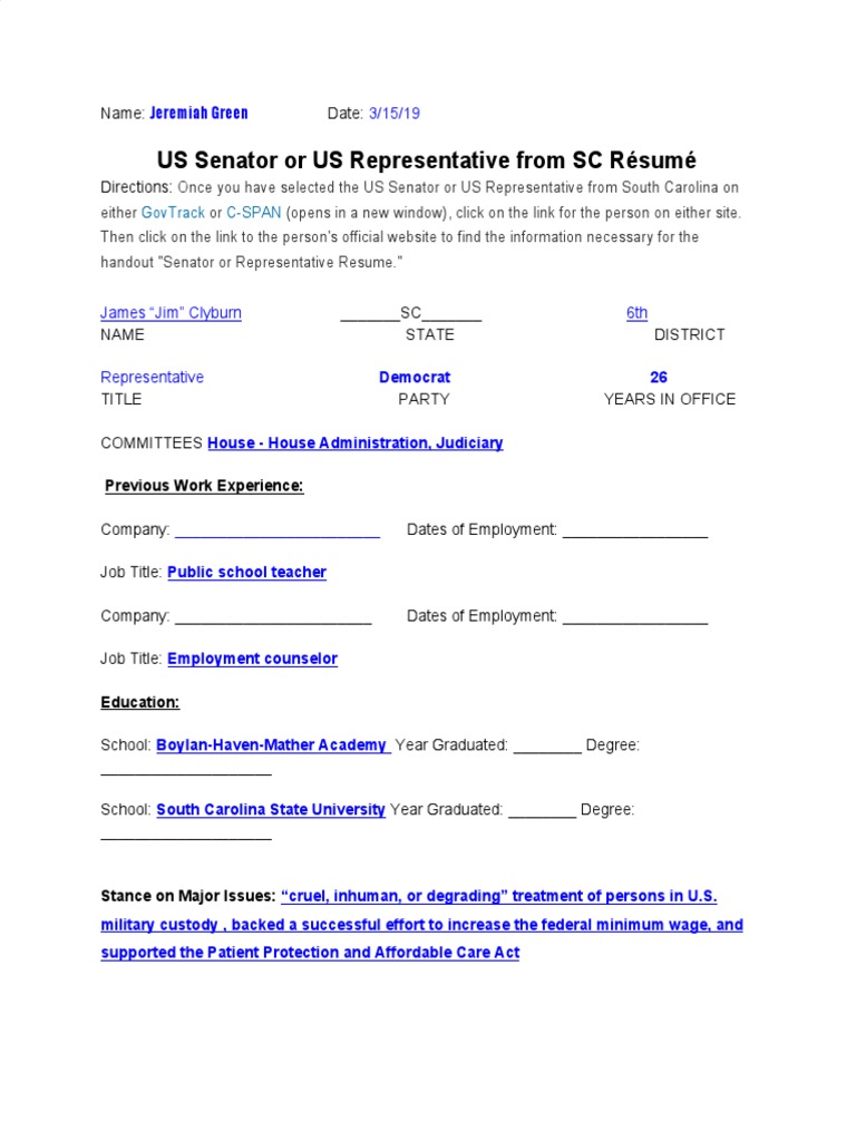 6.4 Senator or Representative Resume | PDF | Politics | Social Science