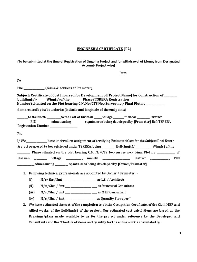 Certificates of Engineer (Form 2) (Mandatory For Only Ongoing Project ...
