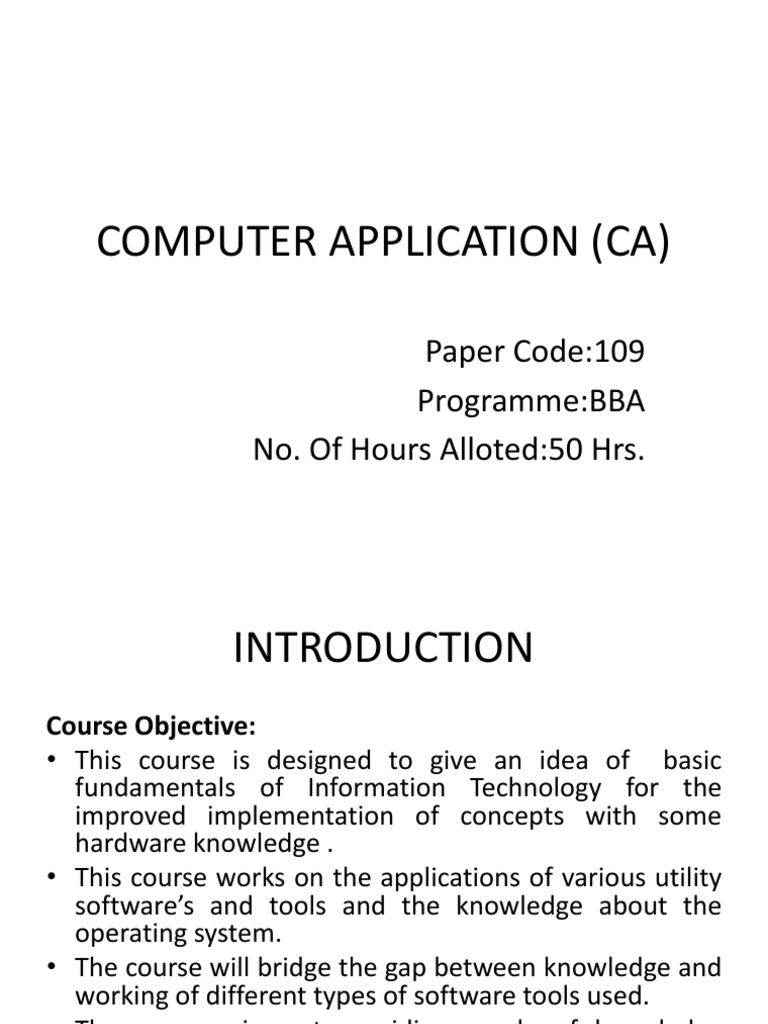 Computer Application (Ca) : Paper Code:109 Programme:BBA No. of Hours Alloted:50 Hrs | PDF ...