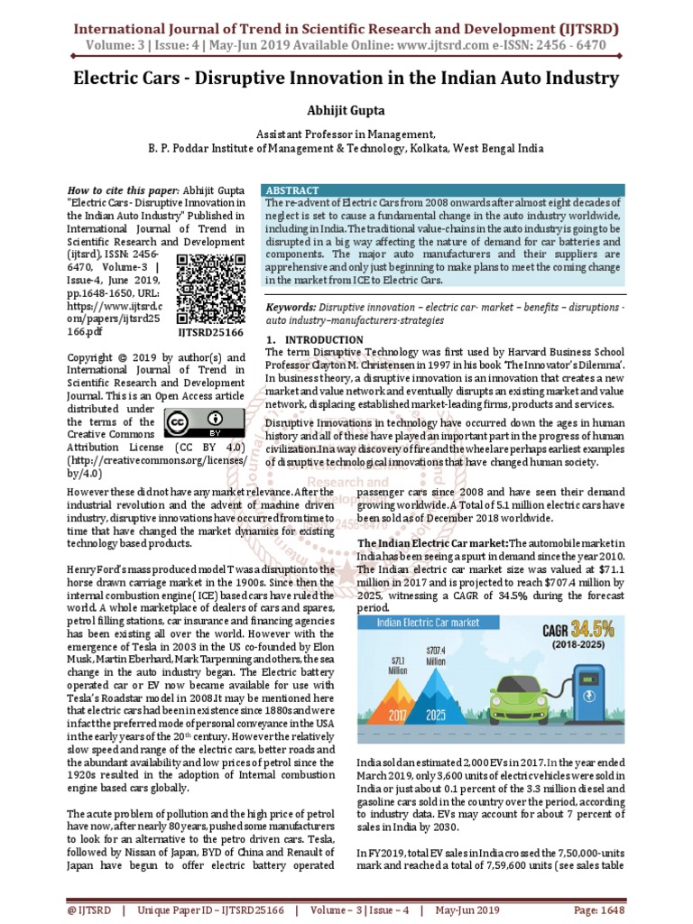 Electric Cars Disruptive Innovation in The Indian Auto Industry | PDF ...
