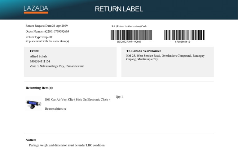 Returnlabel: To Lazada Warehouse: From | PDF