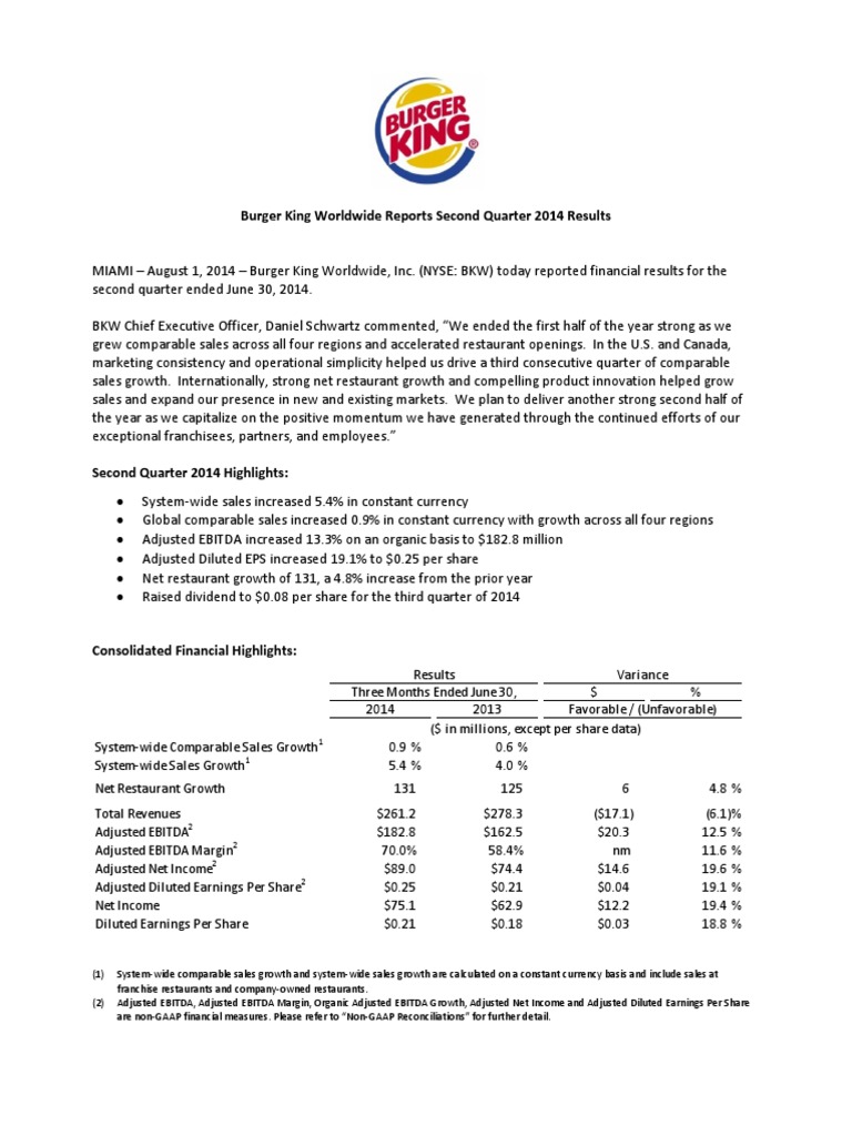 Burger King Worldwide Reports Second Quarter 2014 Results | PDF ...