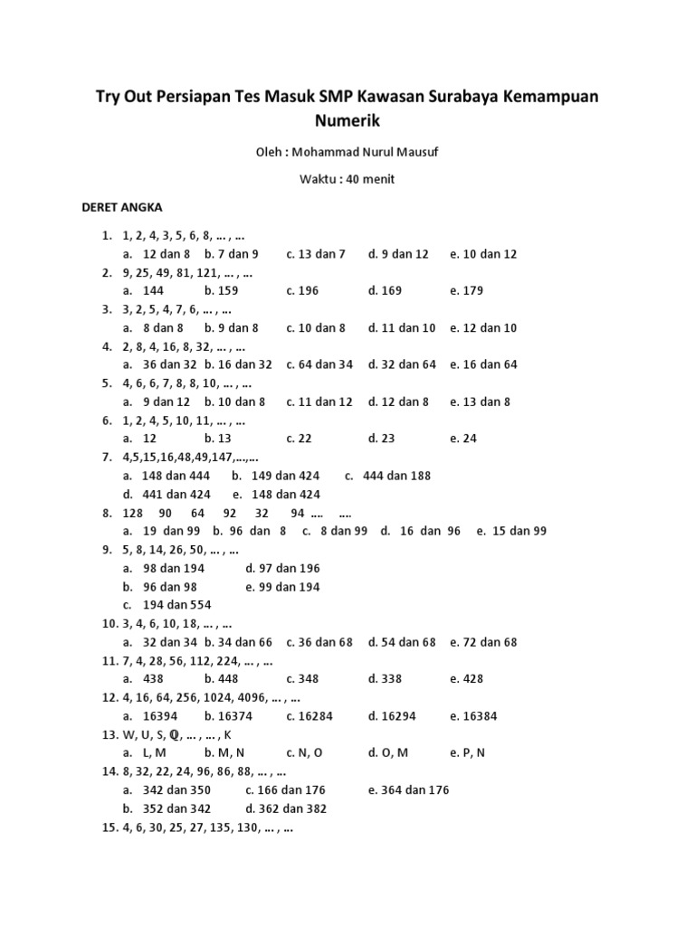 Soal Tes Kemampuan Numerik SMP | PDF