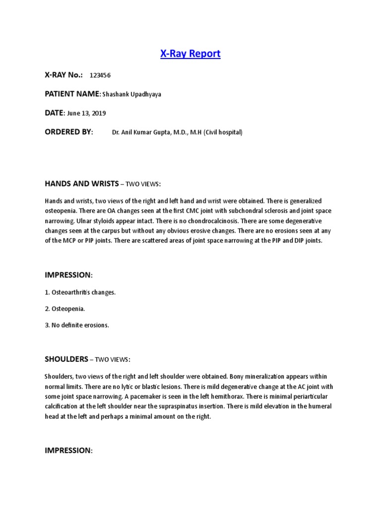 X-Ray Report: Osteoarthritis & Osteopenia | PDF