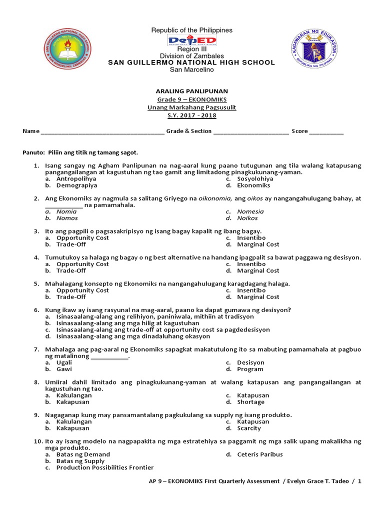 AP 9 Exam - First Grading | PDF