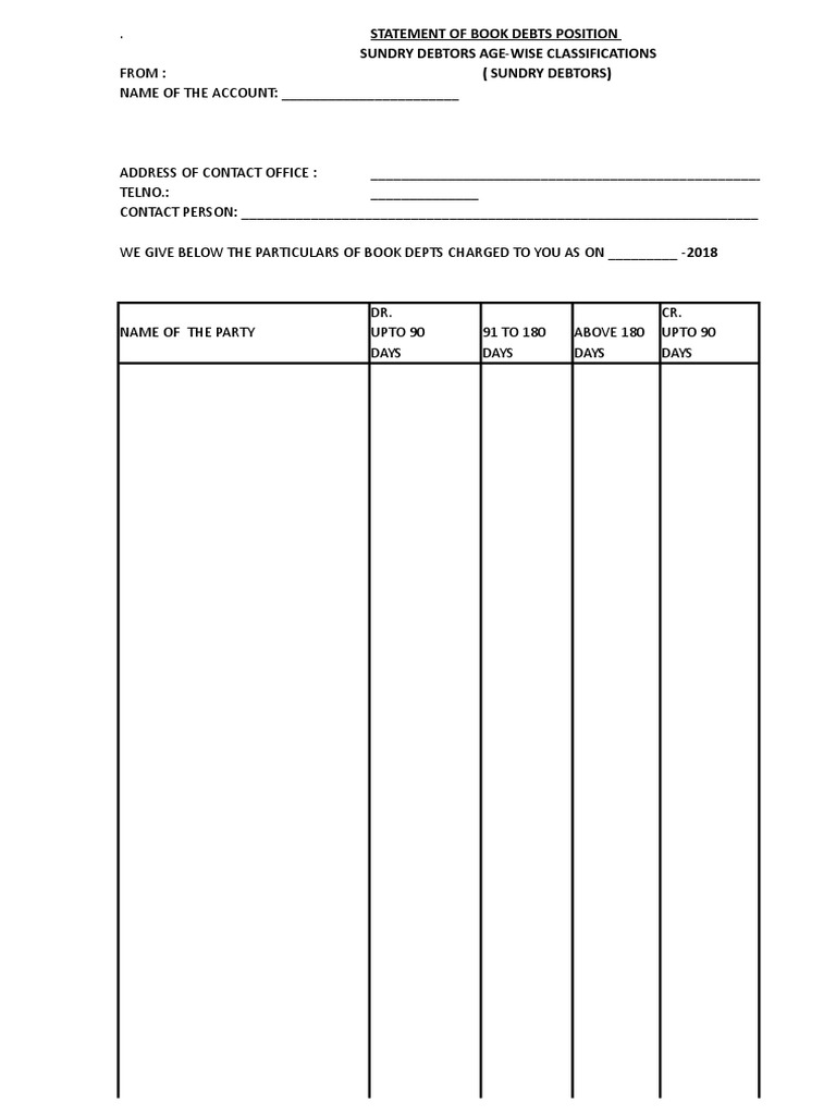 Statement of Book Debts Position Format For Ubi Sundry Debtors ...