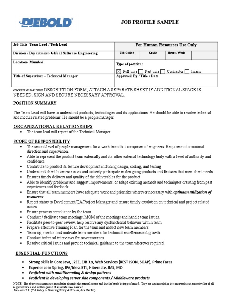 Job Profile Sample: For Human Resources Use Only | PDF | Java Platform ...