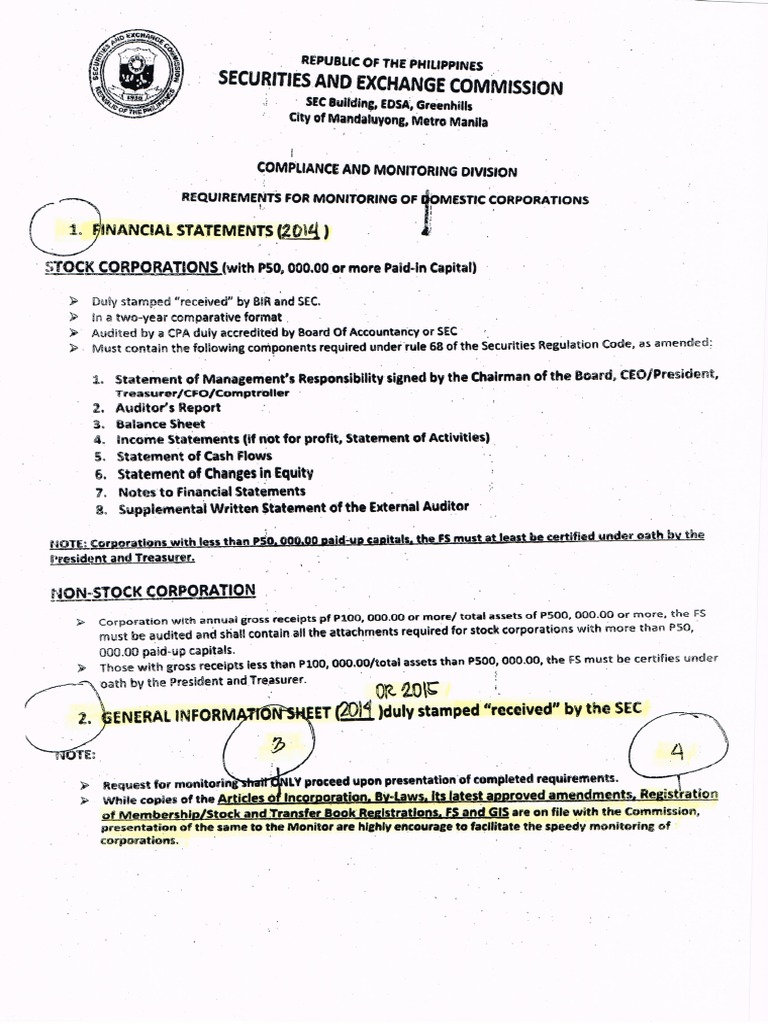 List of Requirements For Monitoring of Domestic Corporation at SEC | PDF
