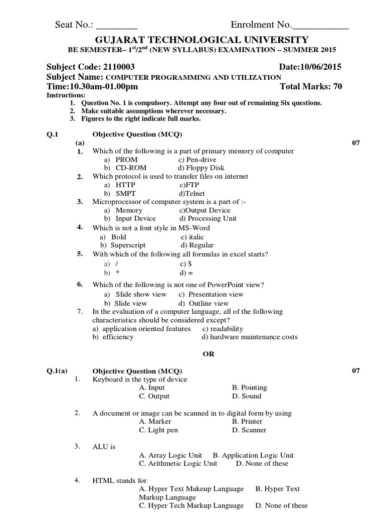 Gujarat Technological University: Seat No.: - Enrolment No. | PDF | C ...