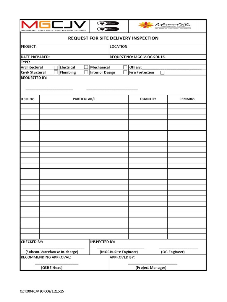 (Rsdi) Request For Site Delivery Inspection | PDF | Finance & Money ...
