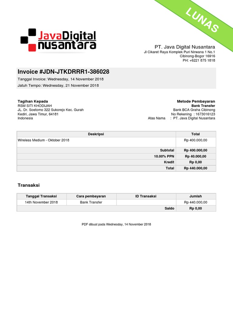 Invoice Pembayaran Wifi November 2018 | PDF