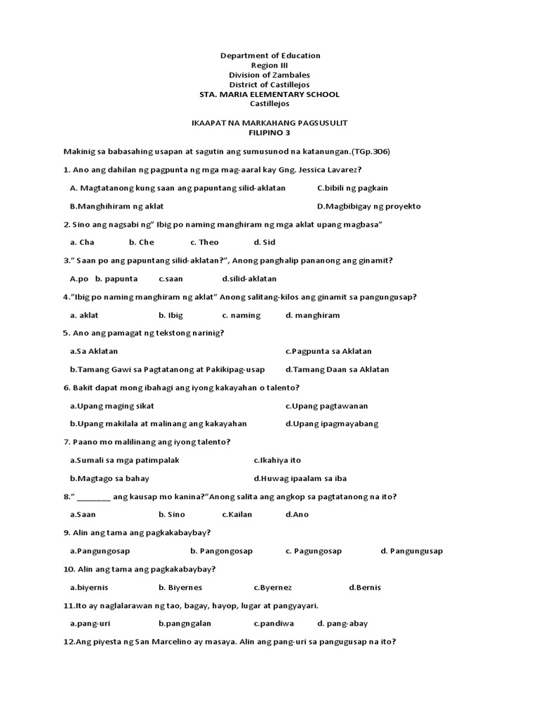 4th Grading Exam | PDF
