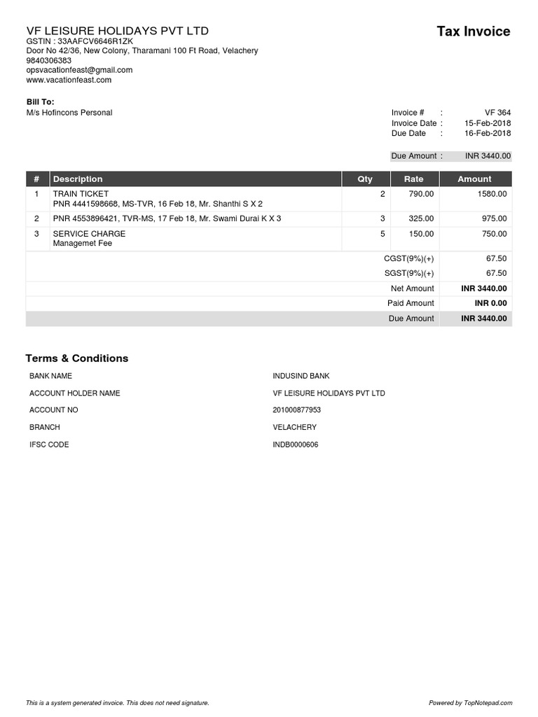 Invoice VF 364 Mr. SwamiDurai Train Ticket | PDF | Payments | Taxes