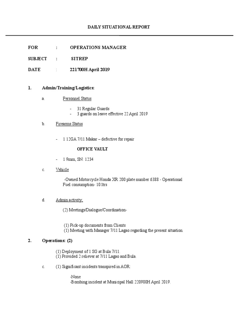 FOR: Operations Manager Sitrep Date 221700H April 2019: Daily ...