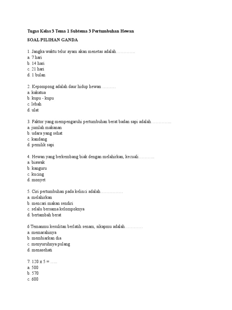 Tugas Kelas 3 Tema 1 Subtema 3 Pertumbuhan Hewan | PDF