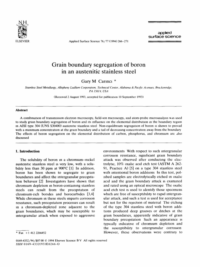 Grain Boundary Segregation of Boron in An Austenitic Stainless Steel ...