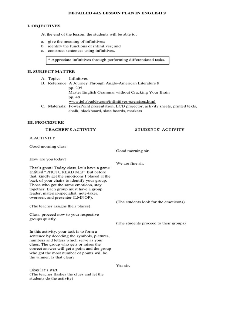 Detailed Lesson Plan - Infinitives | PDF | Subject (Grammar) | Object ...