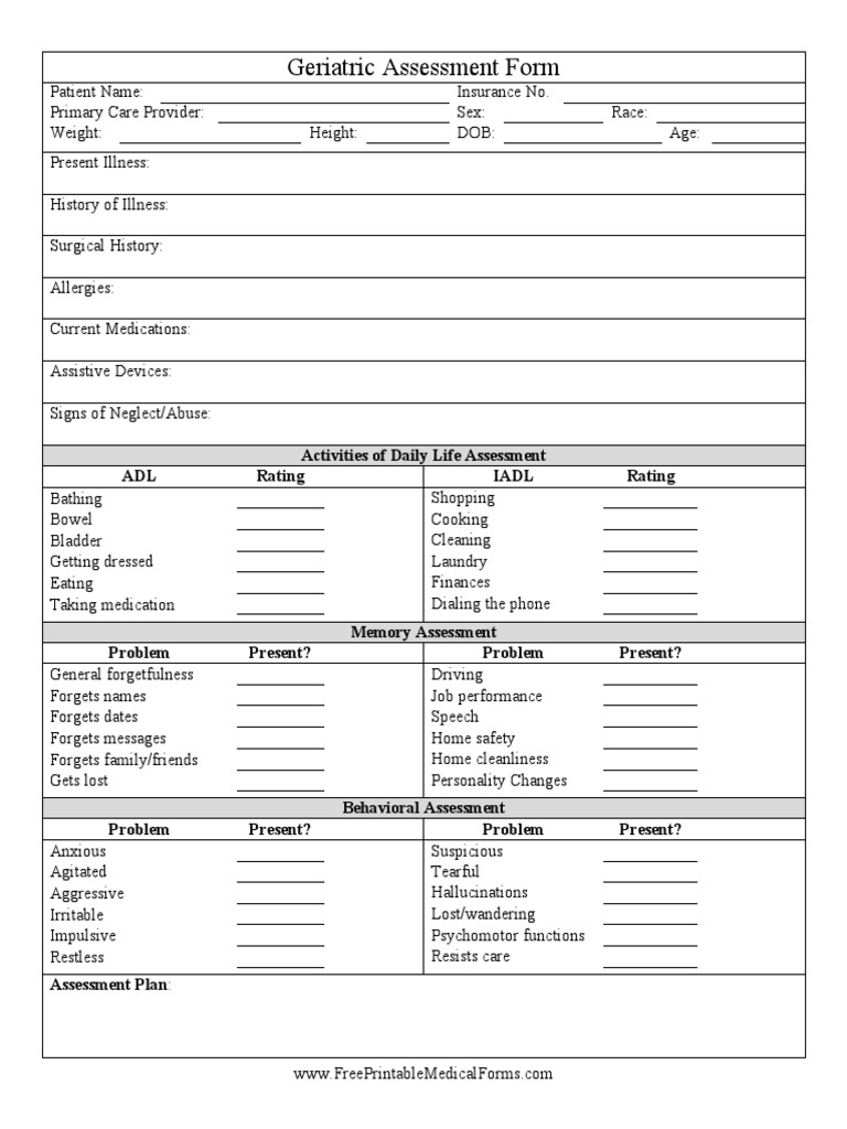 Geriatric Assessment Form | PDF | Geriatrics | Clinical Medicine