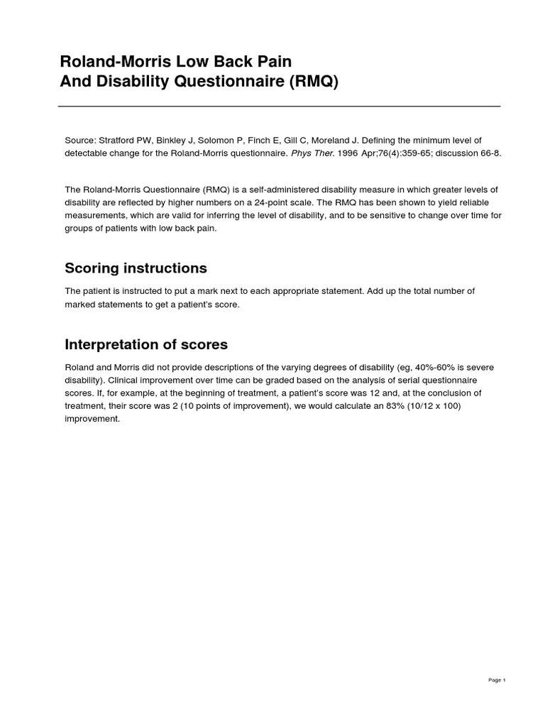 Roland-Morris Disability Questionnaire Guide | PDF | Neuroscience ...