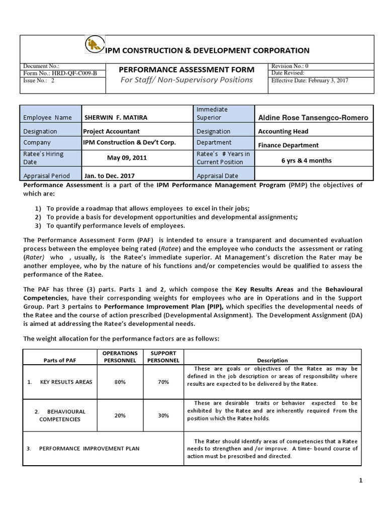 IPM. Performance Assessment Form - PA CDC - Sherwin | PDF | Performance ...