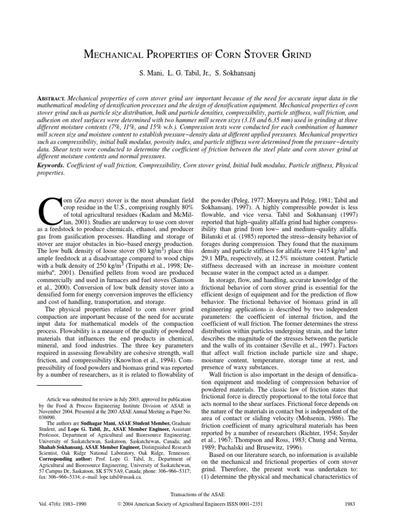 MECHANICAL PROPERTIES OF CORN STOVER GRIND | PDF | Mill (Grinding ...