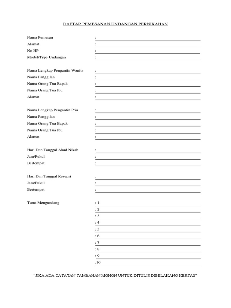 Daftar Pemesanan Undangan Pernikahan | PDF