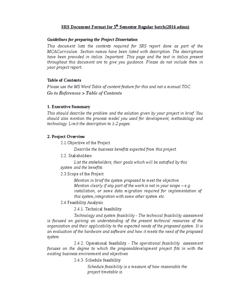 Guidelines For Preparing The Project Dissertation: SRS Document Format ...