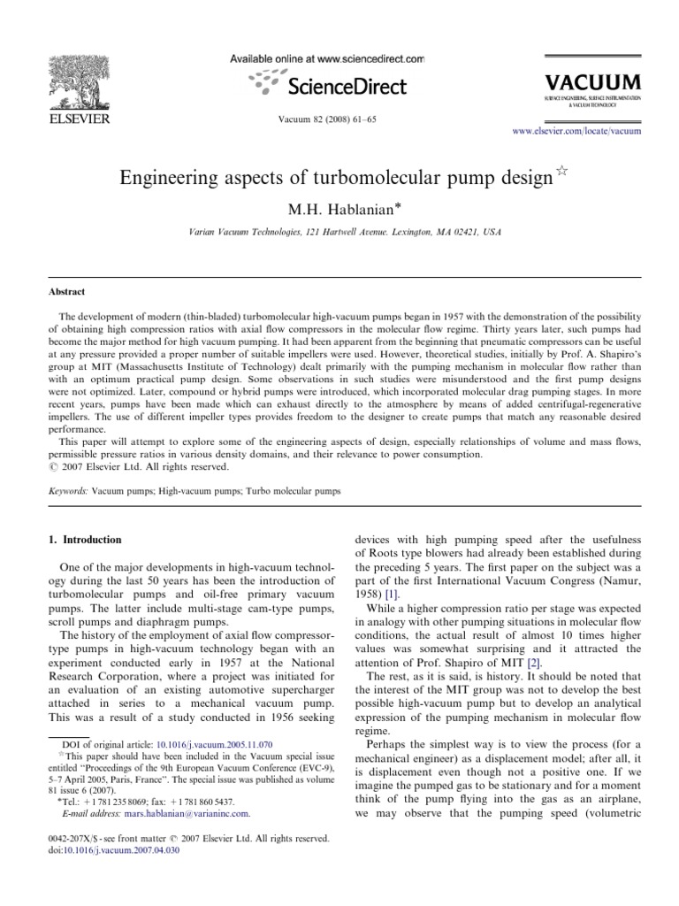 Engineering Aspects of Turbomolecular Pump Design | PDF | Pump | Turbine