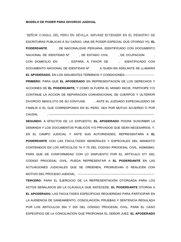 6 Modelo de Poder para Divorcio Judicial | PDF | Divorcio | Ley procesal