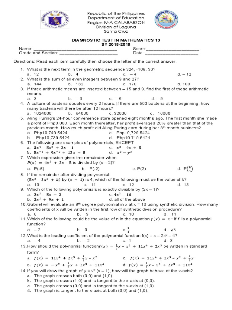 Diagnostic Test - Math 10 | PDF | Circle | Angle