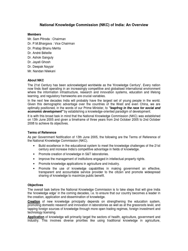National Knowledge Commission Overview | PDF | Economic Development ...