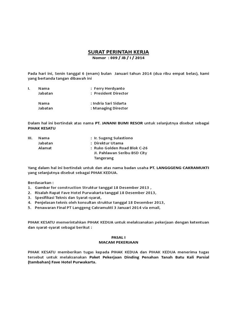 Contoh Surat Perintah Kerja SPK | PDF