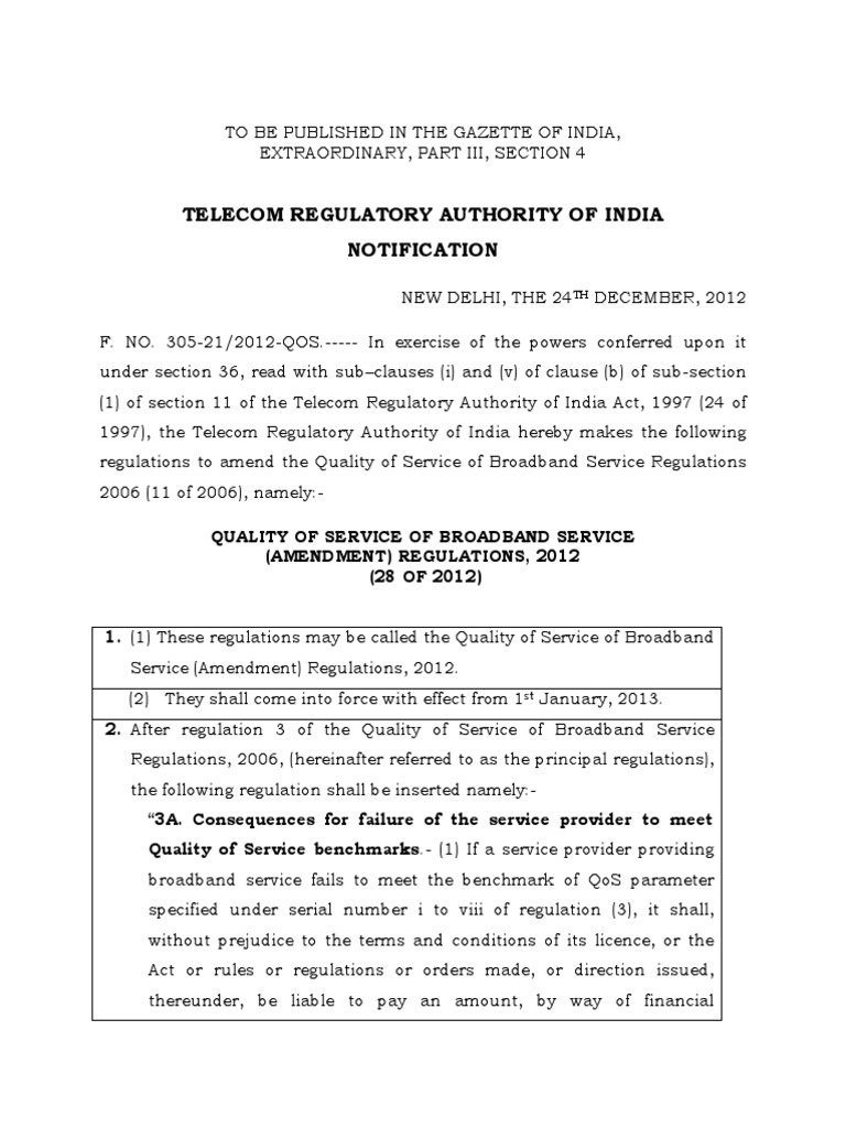 Telecom Regulatory Authority of India Notification | PDF | Regulatory ...