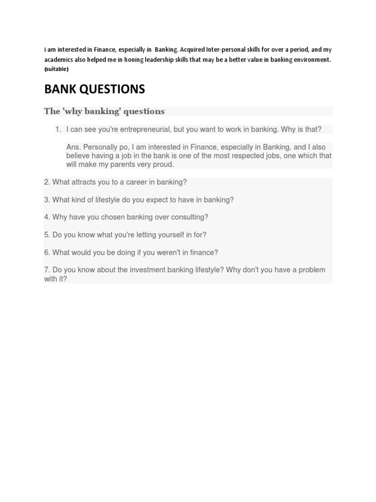 Bank Questions: The 'Why Banking' Questions | PDF