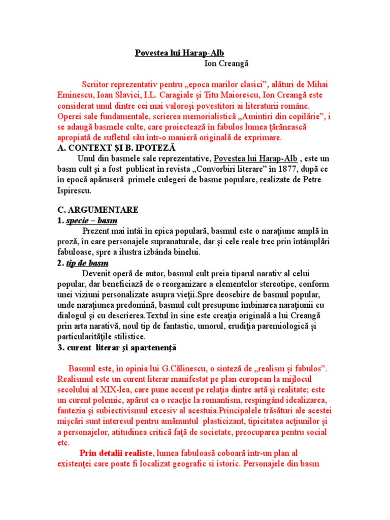 Povestea Lui Harap-Alb, Eseu Bac Romana